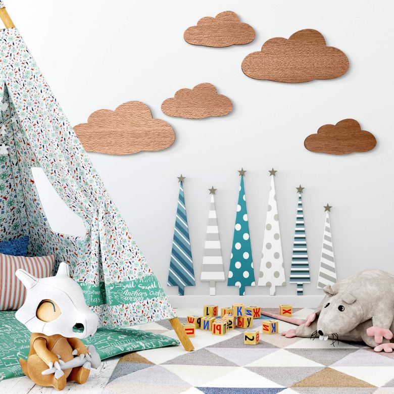Décoration en bois acajou - Nuages (5 parties) | wall-art.fr