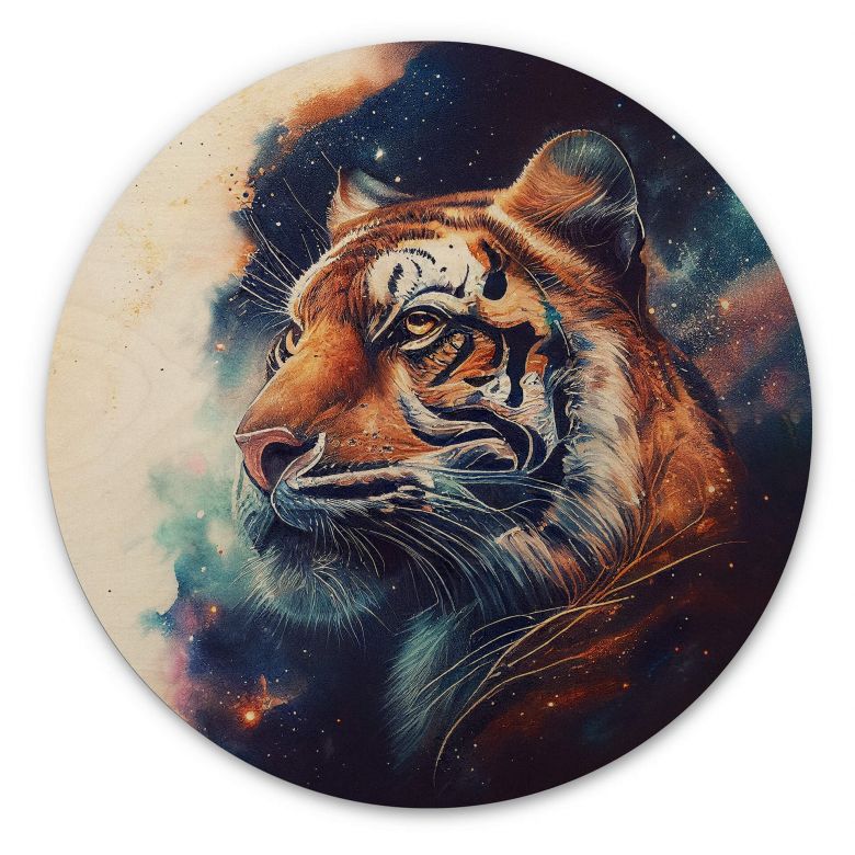 Tableau sur bois rond Heine - Starry Tiger | wall-art.fr