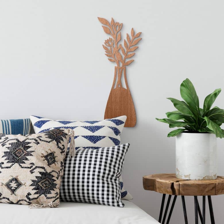 Décoration en bois placage acajou bouquet dans un vase | wall-art.fr